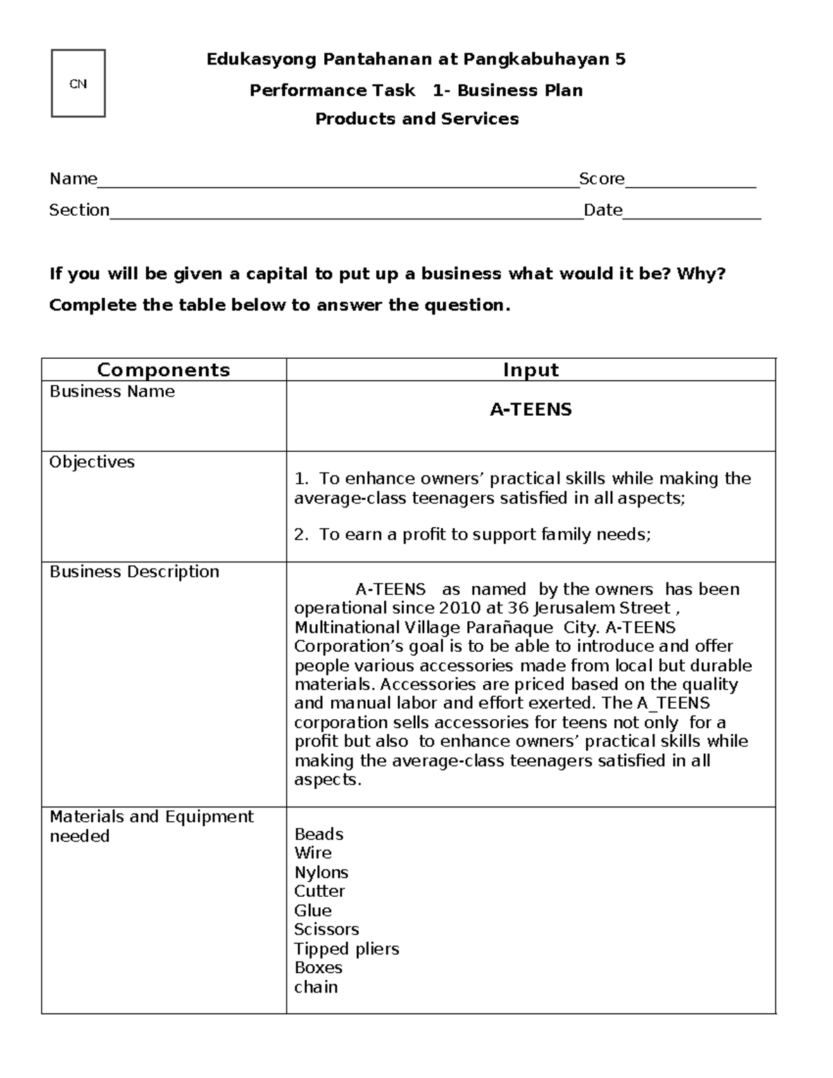 PETA 1 -EPP 5 Business Plan sample - Edukasyong Pantahanan at Pangkabuhayan 5 Performance Task 1 ...