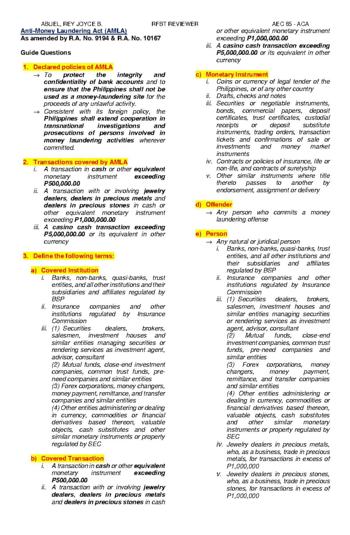 AMLA ACA Abuel, RJB - Lecture notes on AMLA - Anti-Money Laundering Act ...