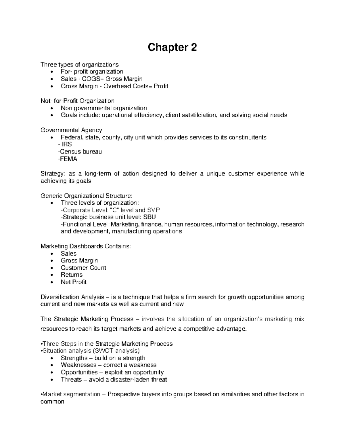 Chapter 2 - Chapter 2 Three types of organizations • For- profit ...