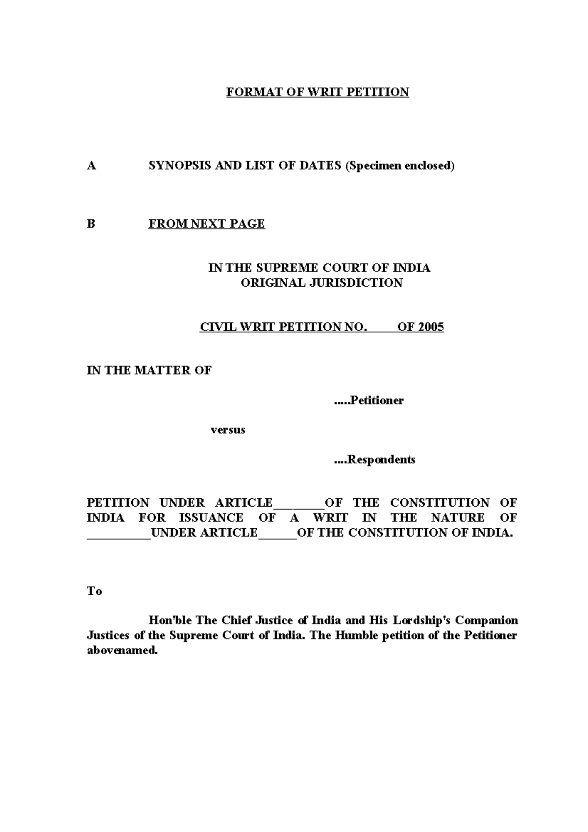 Writ format - Writ - FORMAT OF WRIT PETITION A SYNOPSIS AND LIST OF ...