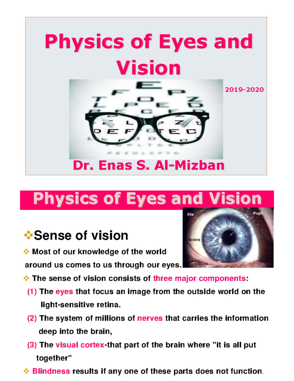 Physics of Eyes and - Physics of Eyes and Vision 2019- Dr. Enas S. Al ...