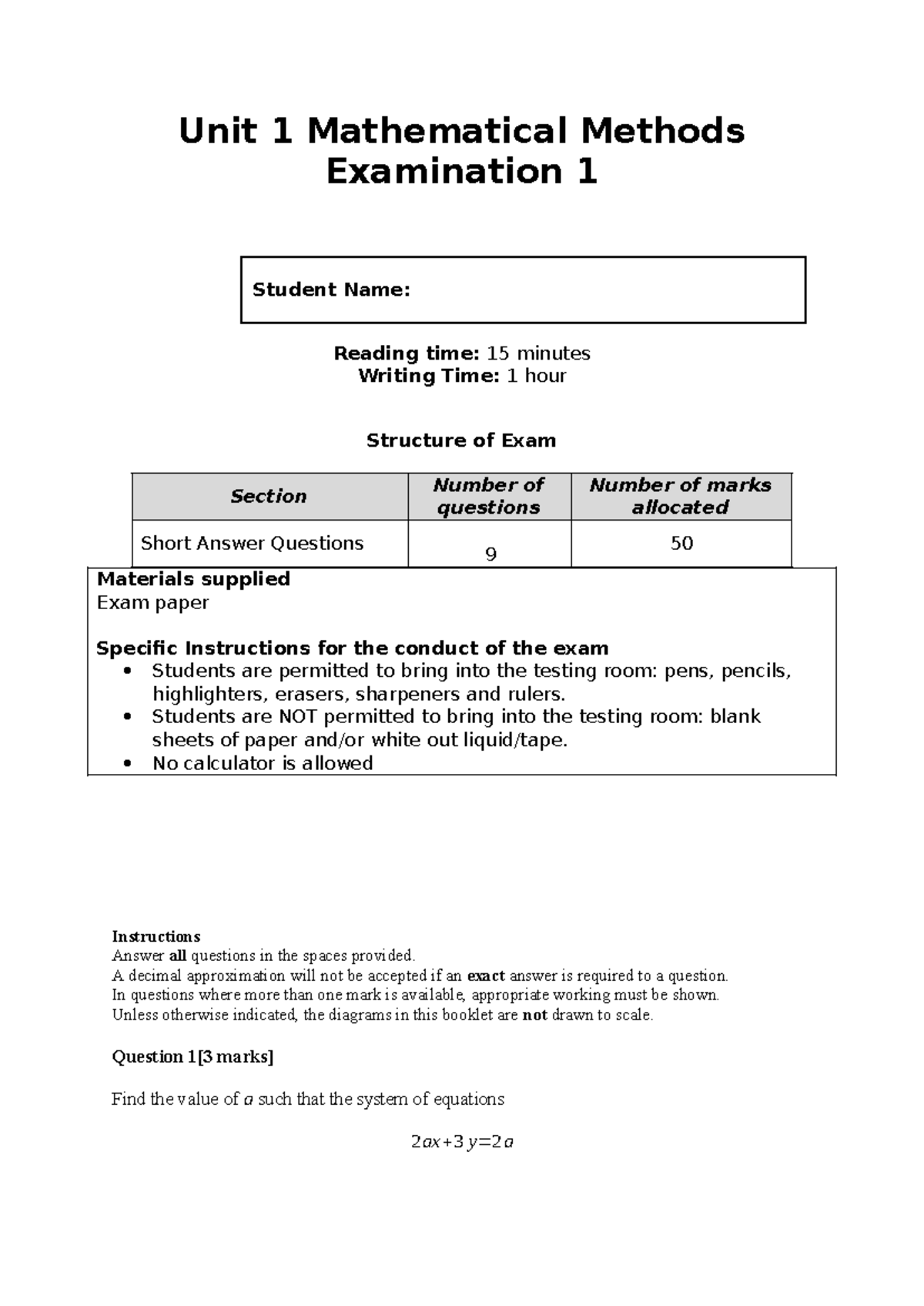 Unit 1 Maths Methods Exam 1 2023 Solutions - Unit 1 Mathematical Methods Examination 1 Reading ...