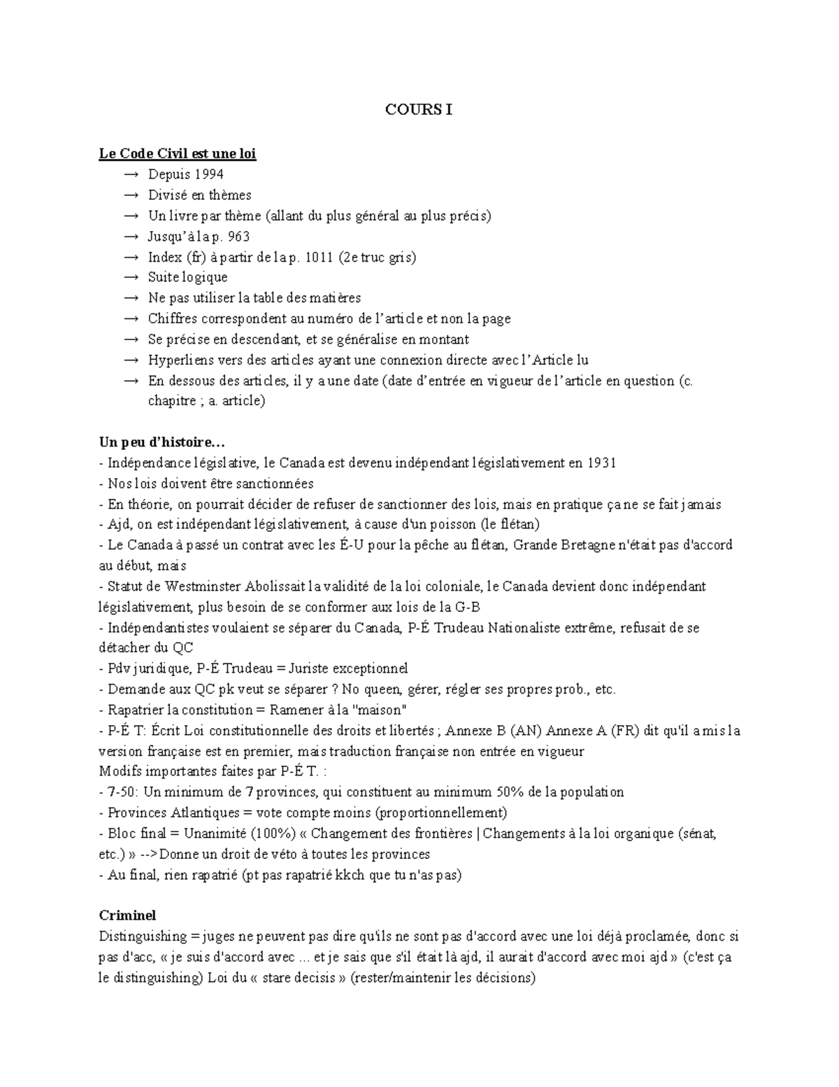 Cours 1-JUR1031 - JUR1031 - COURS I Le Code Civil est une loi → Depuis ...