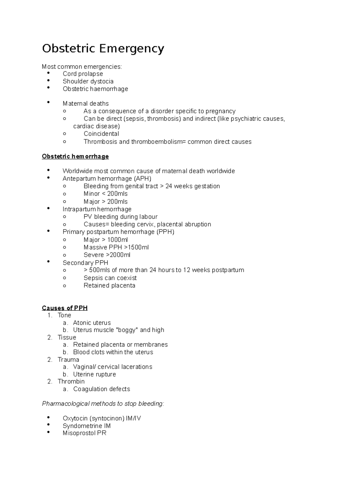 Obstetric Emergency - Lecture notes 9 - Obstetric Emergency Most common ...