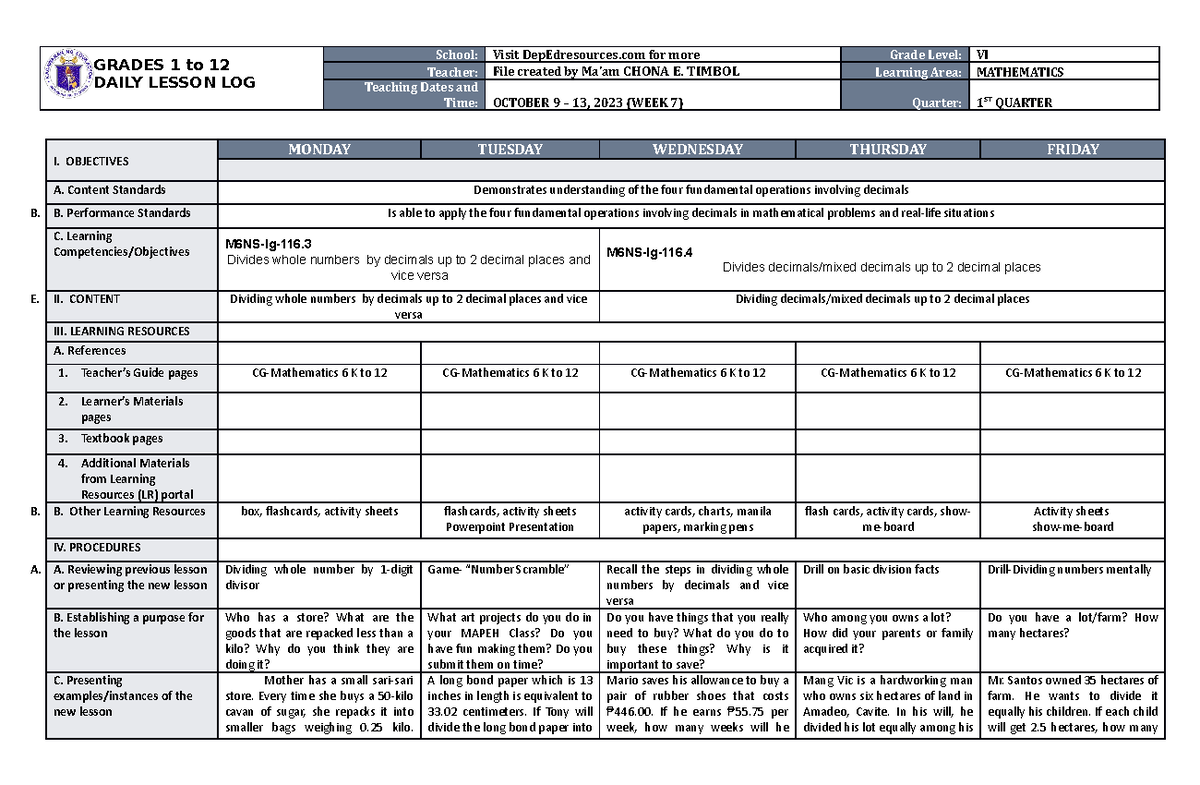 DLL Mathematics 6 Q1 W7 - adadada - GRADES 1 to 12 DAILY LESSON LOG ...
