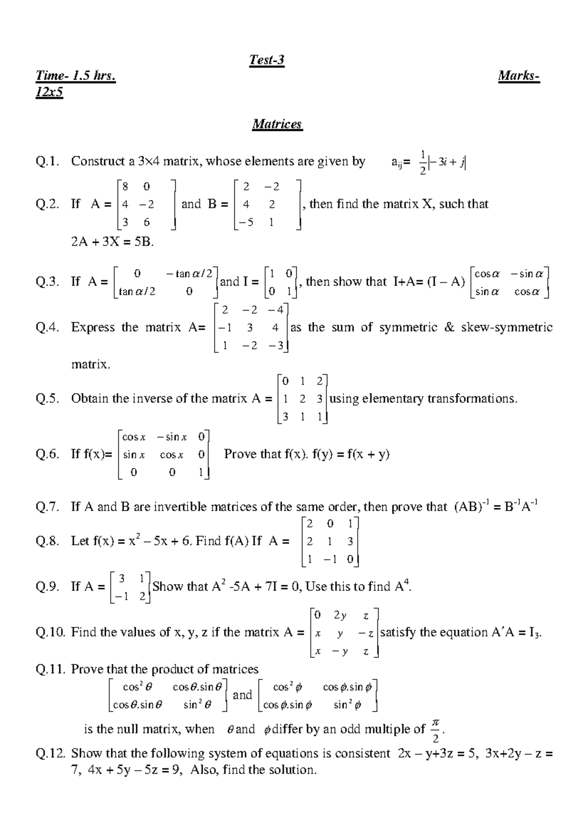 Class 12 Math ch3 Assignment on Matrices - Test- Time- 1 hrs. Marks ...