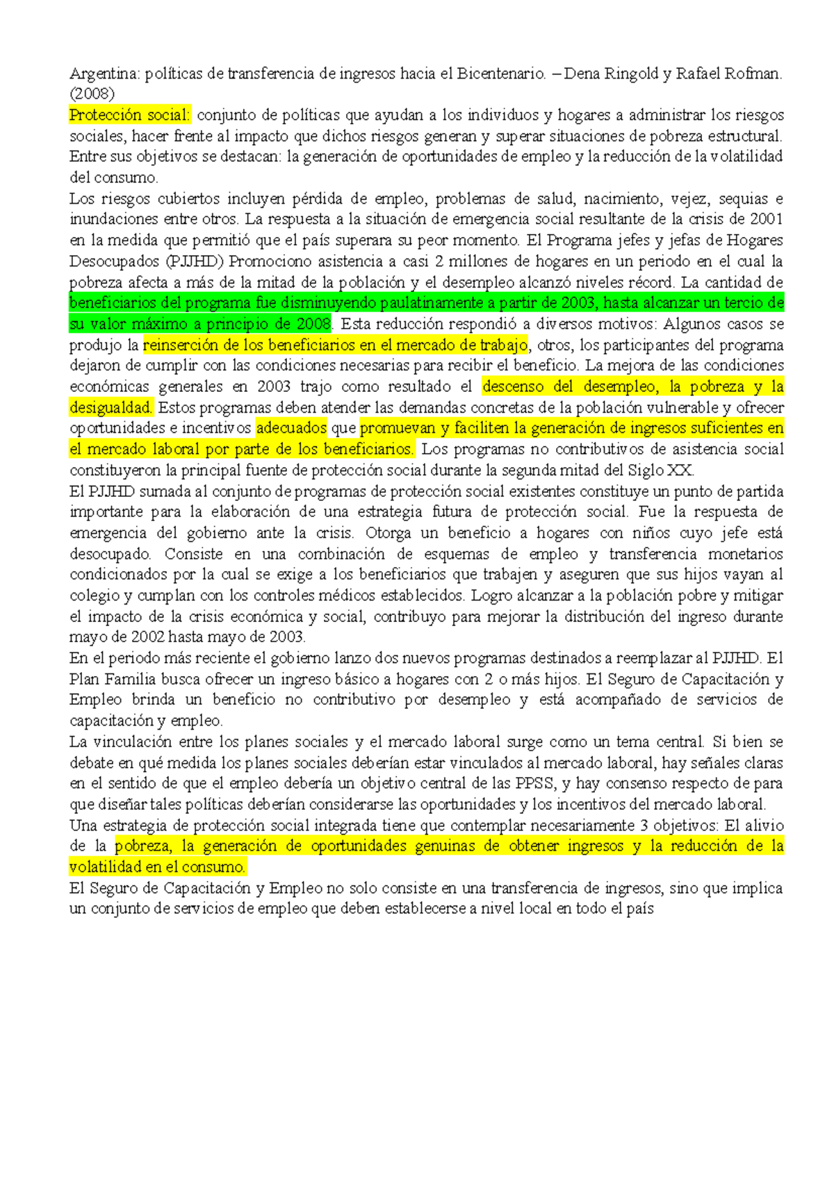 Resumen Dena Ringnold y R Rofman - Argentina: políticas de transferencia de ingresos hacia el ...