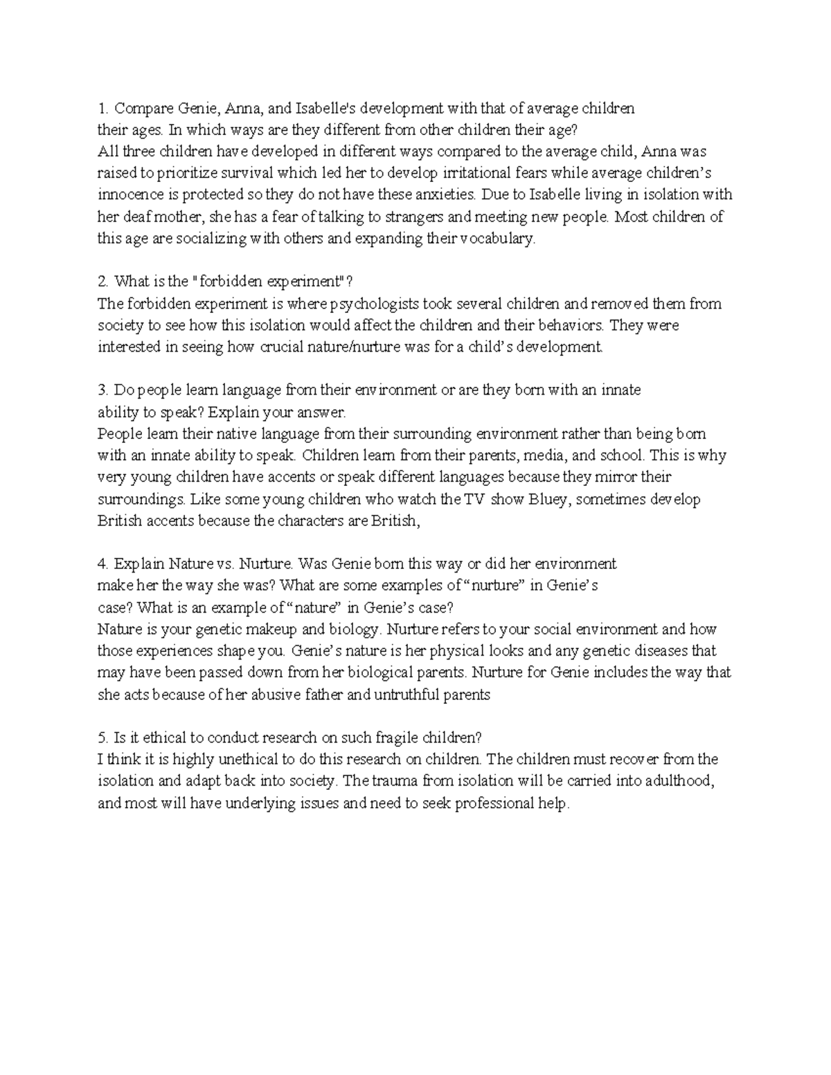 GRQ 4 - General Reading Questions - Compare Genie, Anna, and Isabelle's ...