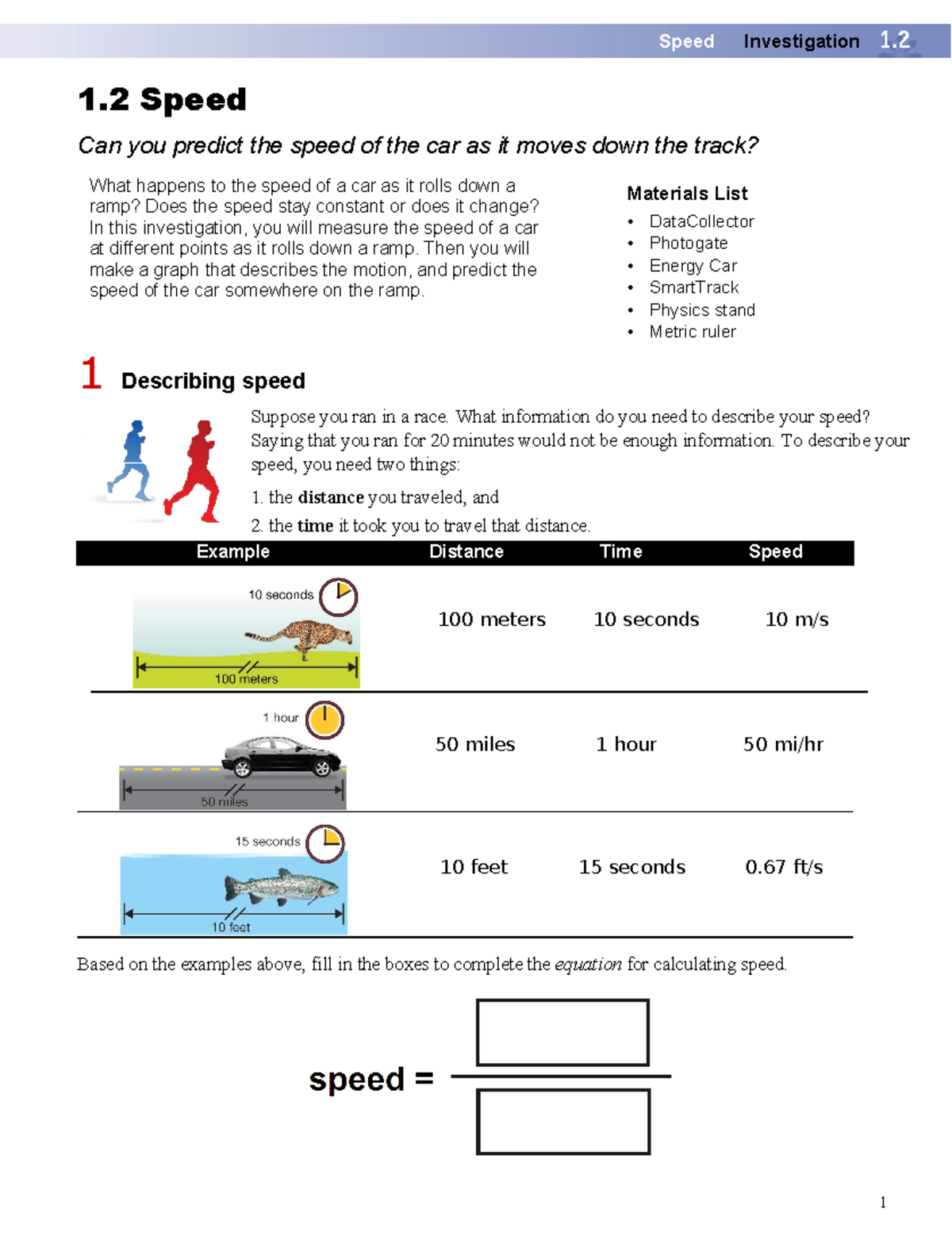 1.2 SPeed Lab - Answer key - Speed Investigation 1. Example Distance ...