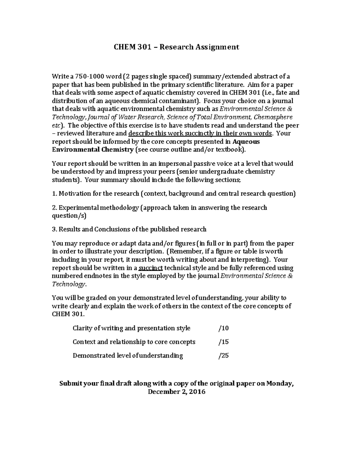 CHEM 301 – Research Assignment 2016 - CHEM 301 – Research Assignment ...