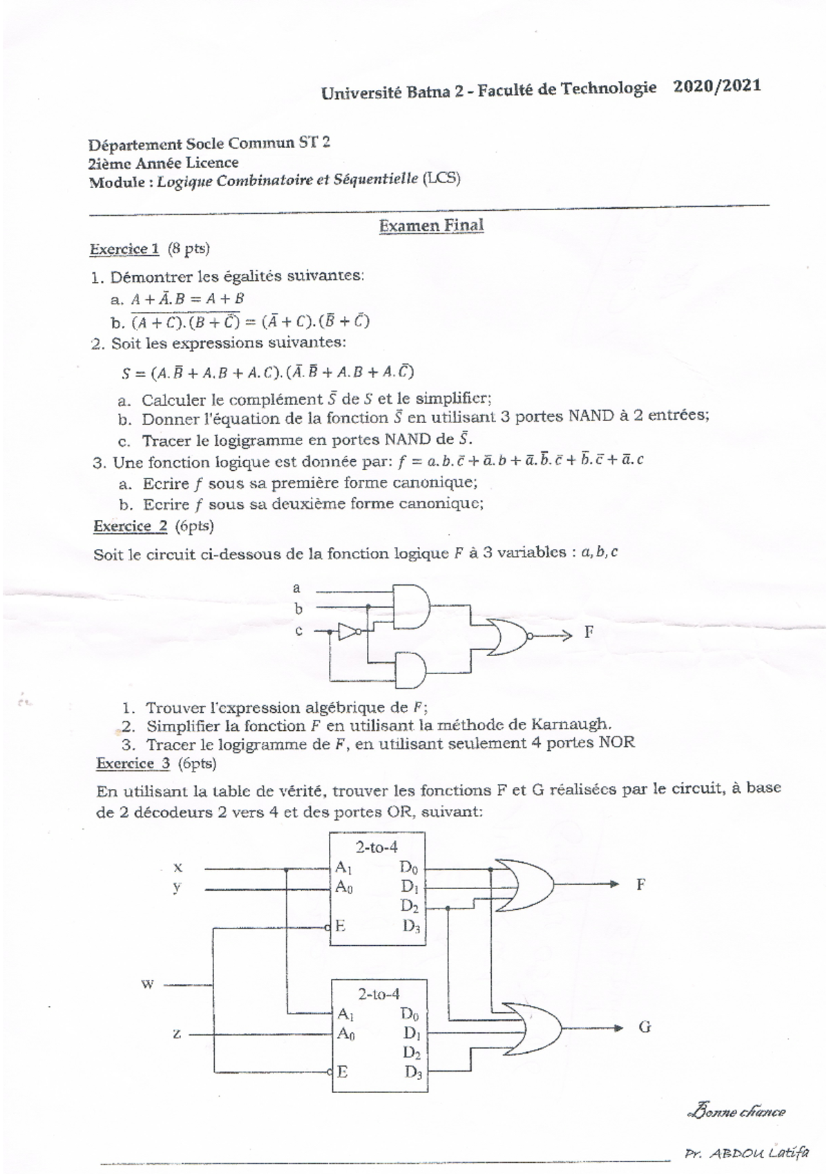 Examen 1 Logique Combinatoire et Séquentiel - Université Batna 2 - Faculté de Technologie 2020 / ...