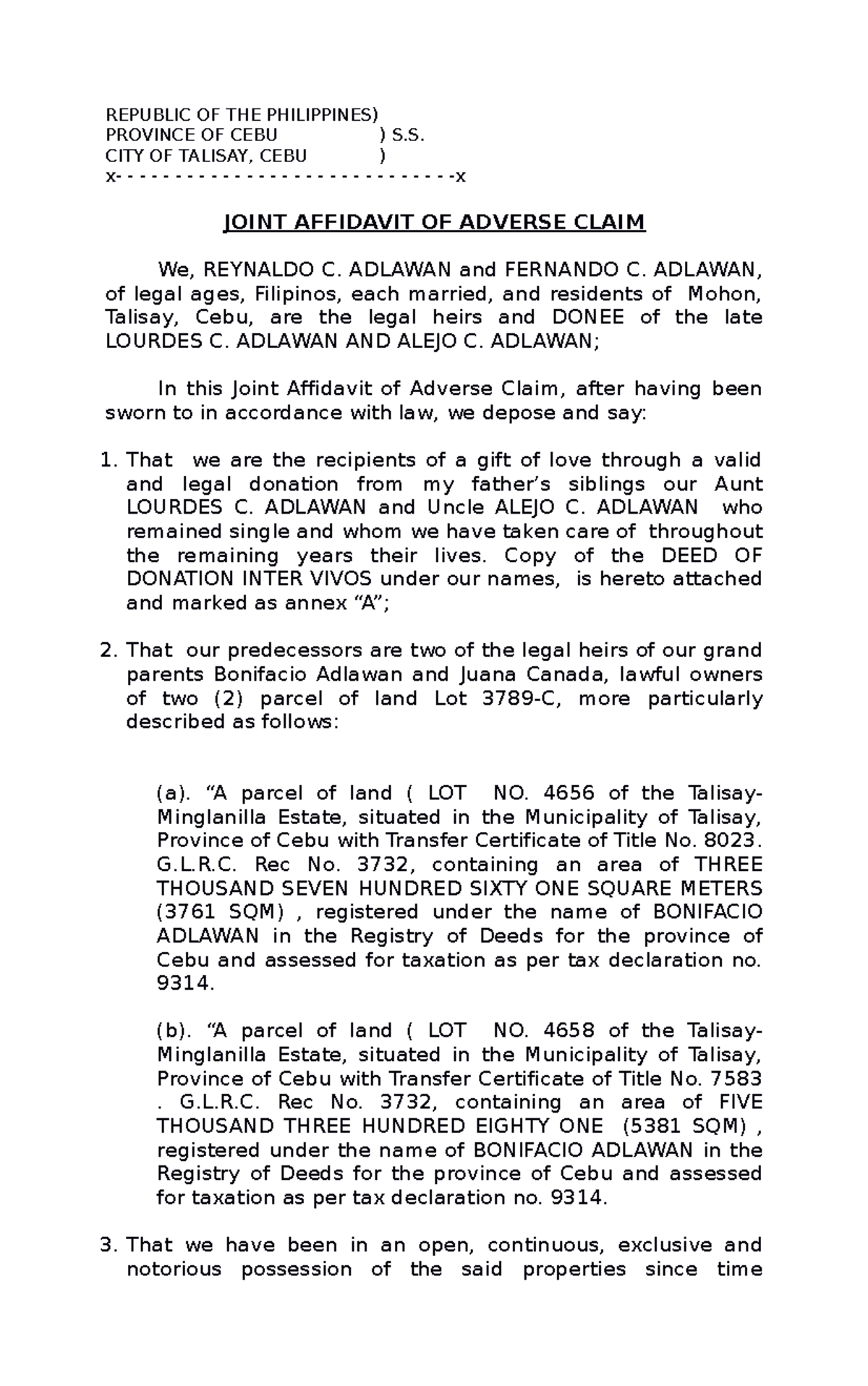 Adverse Claim Adlawan 2022a - Copy - REPUBLIC OF THE PHILIPPINES ...