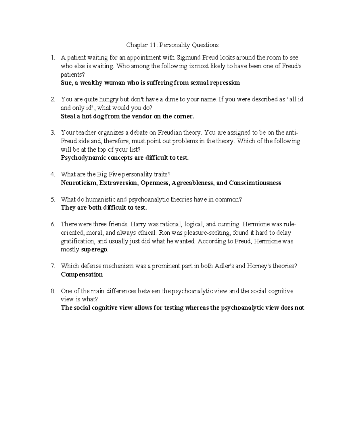 PSY 101 Study Guide (Ch. 11&13) - Chapter 11: Personality Questions A patient waiting for an ...