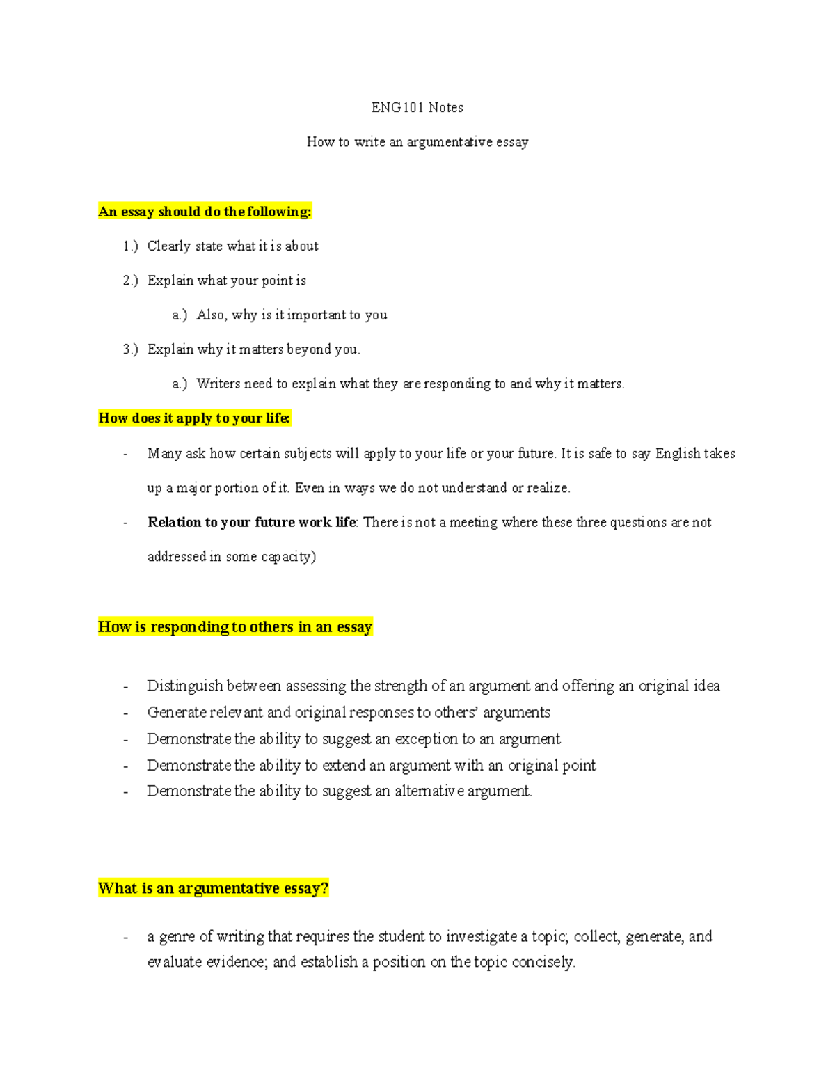 Argumentative essay ENG 101 - ENG101 Notes How to write an ...