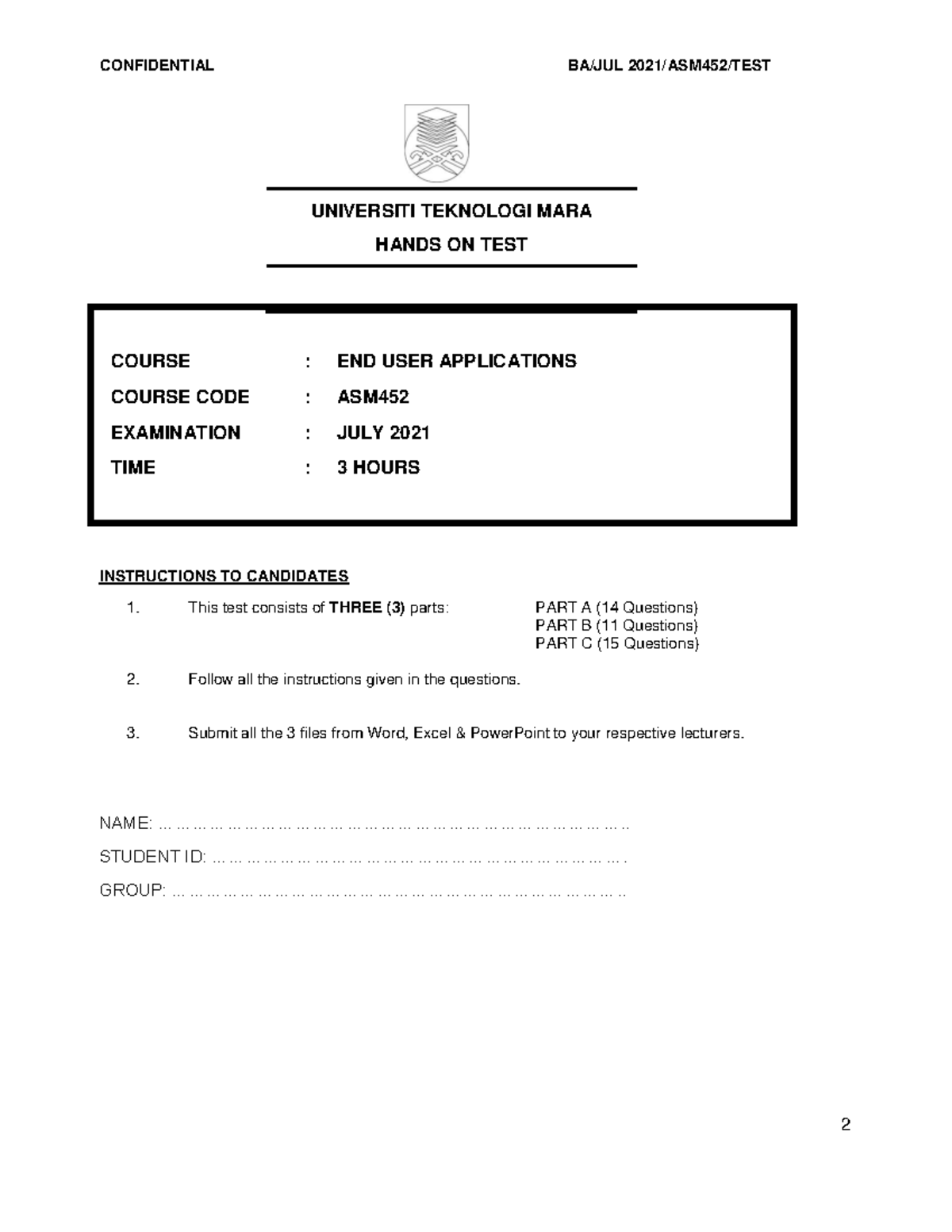 HOT ASM452 JULY2021 FINAL EXAM QUESTION PAPER - INSTRUCTIONS TO ...