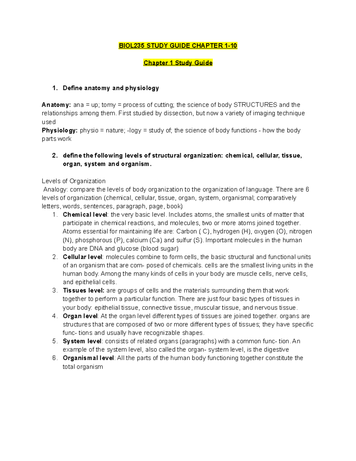 BIOL235 Midterm 1 Notes - BIOL235 STUDY GUIDE CHAPTER 1- Chapter 1 ...