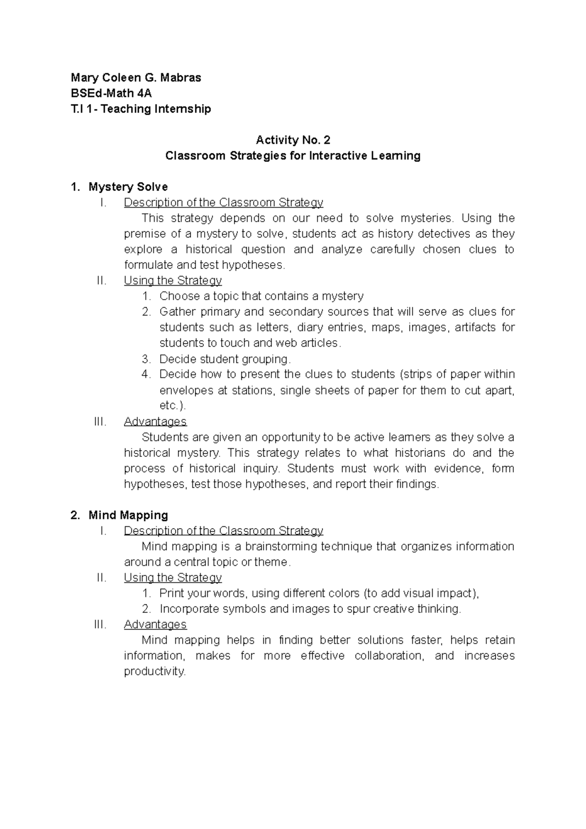 Mabras-Activity 2 - Teaching Internship - Mary Coleen G. Mabras BSEd-Math 4A T 1- Teaching - Studocu