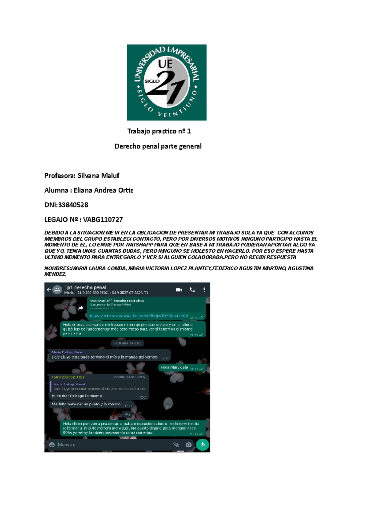 Trab.pract.nº1 derecho penal - Trabajo practico nº 1 Derecho penal parte general Profesora ...