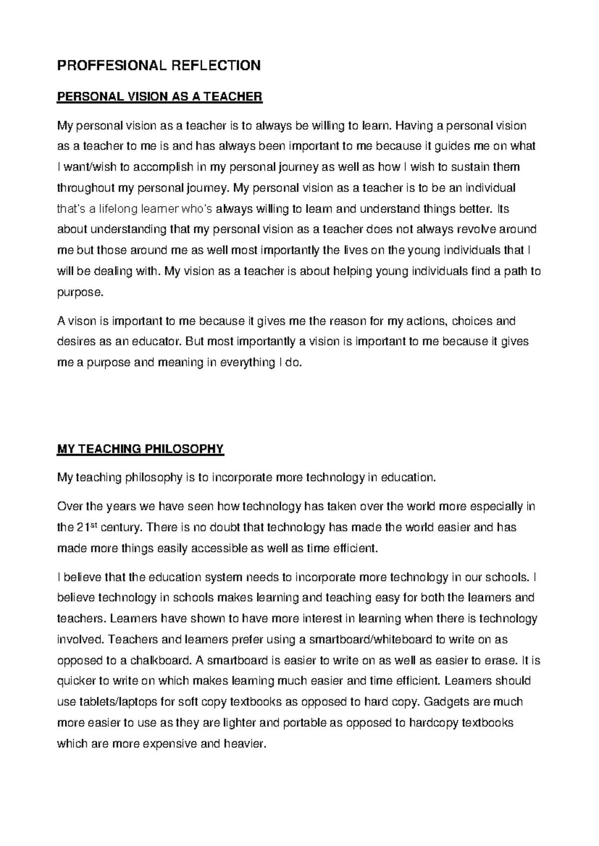 Proffesional reflection - PROFFESIONAL REFLECTION PERSONAL VISION AS A ...