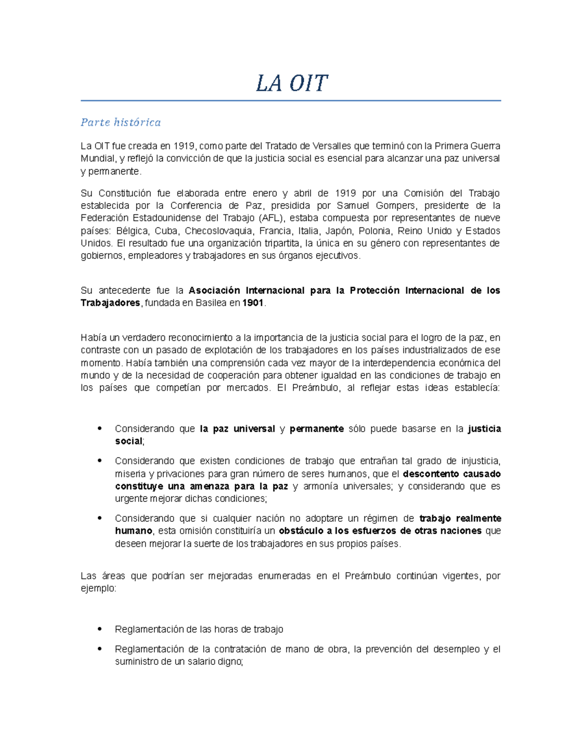 Organización Internacional del Trabajo OIT - LA OIT Parte histórica La ...