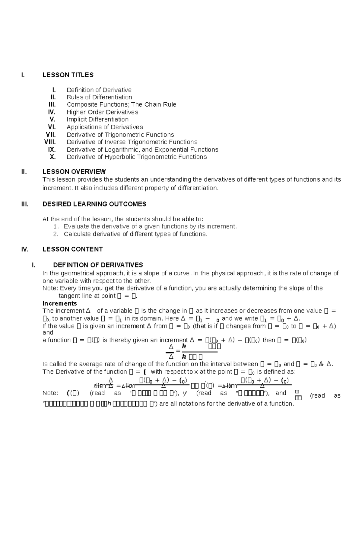 IM3 Math1A 1S 2021 2021 Week 6 8 - I. LESSON TITLES I. Definition of Derivative II. Rules of ...