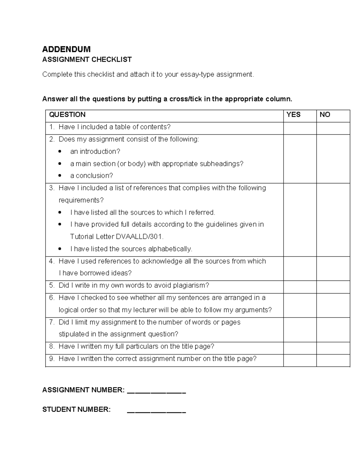 DVA1501 assignment checklist - ADDENDUM ASSIGNMENT CHECKLIST Complete ...