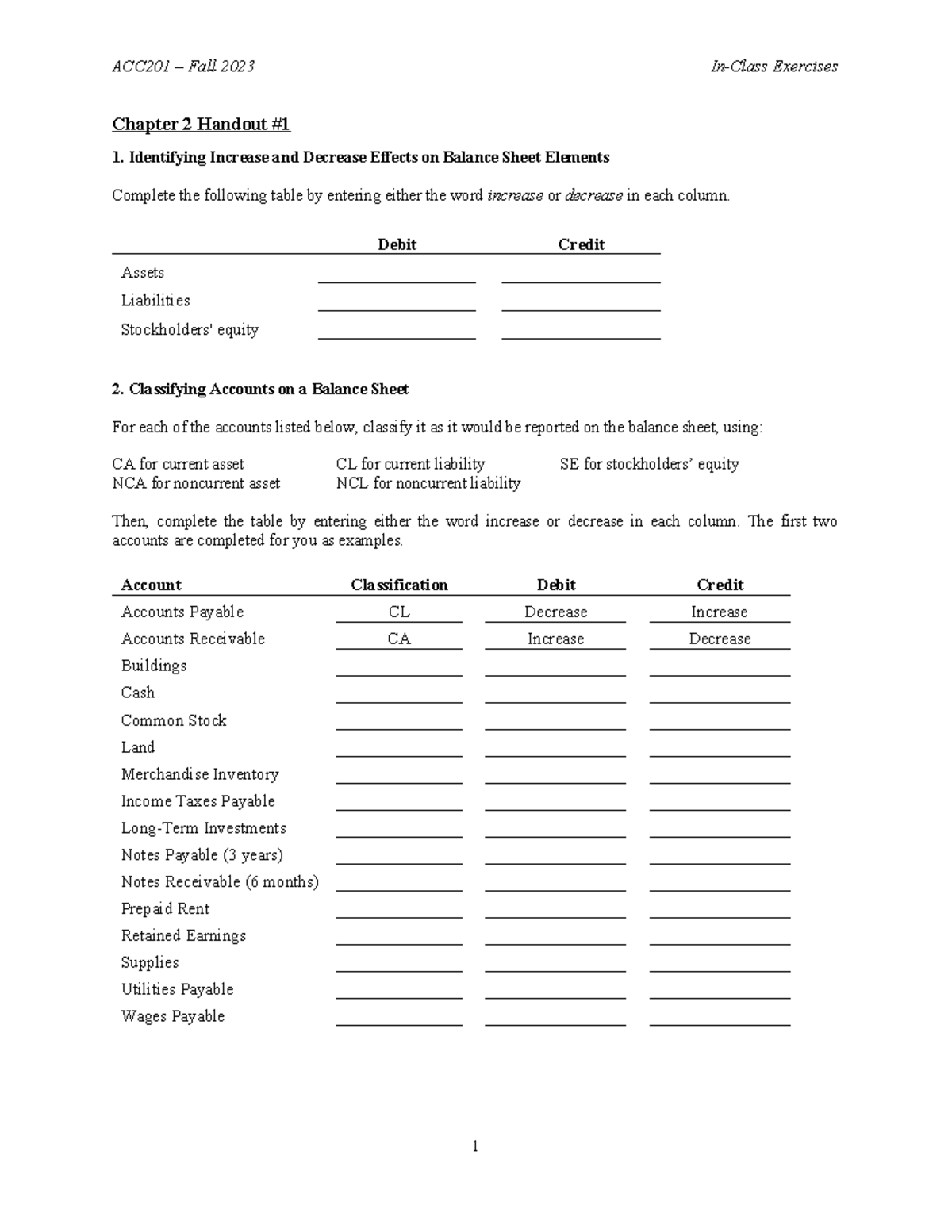 Ch. 2 - In class Exercises - Day 1 - ACC201 – Fall 2023 In-Class Exercises Chapter 2 Handout ...