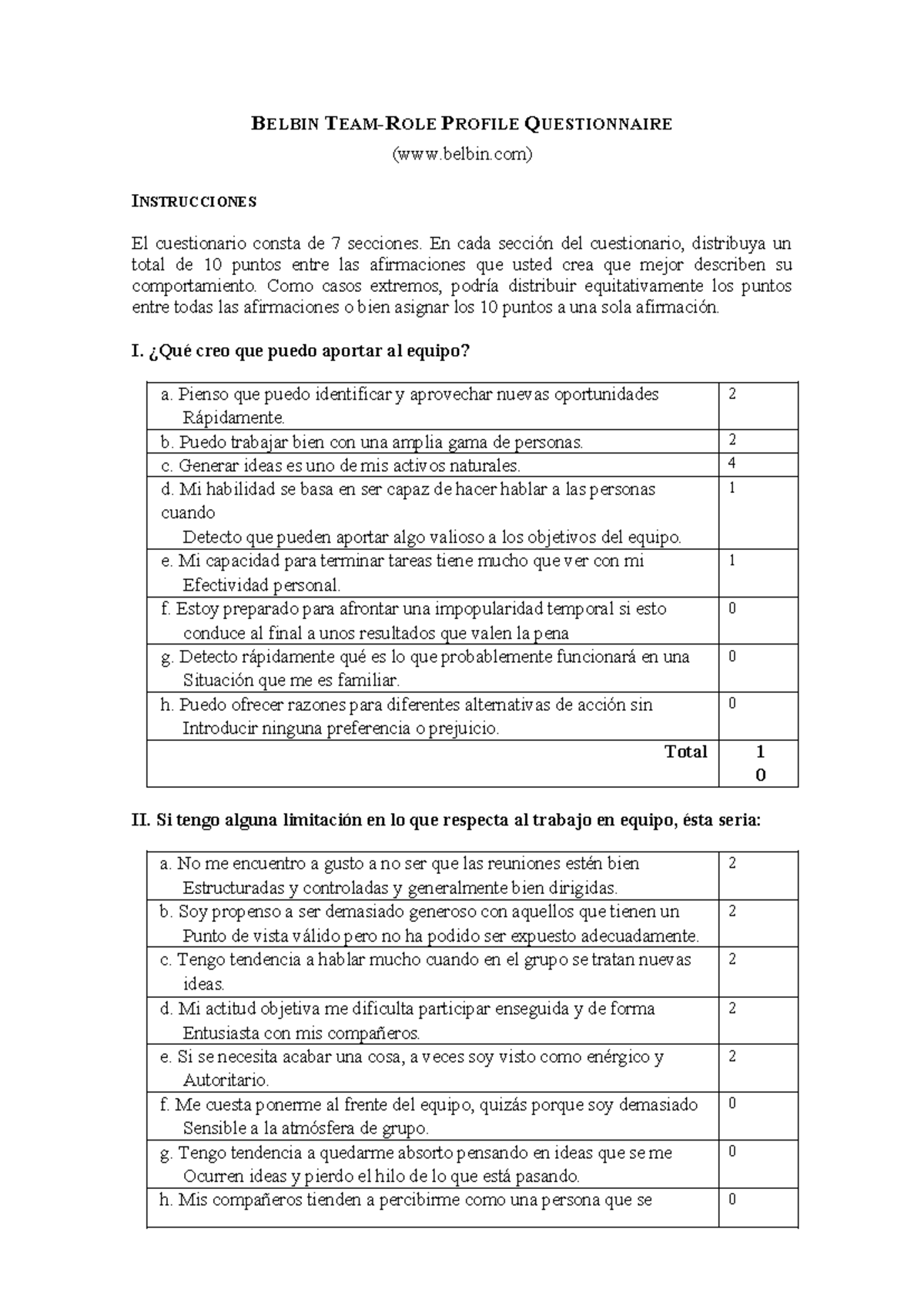 5° Producto 02 TEST Belbin - BELBIN TEAM-ROLE PROFILE QUESTIONNAIRE ...