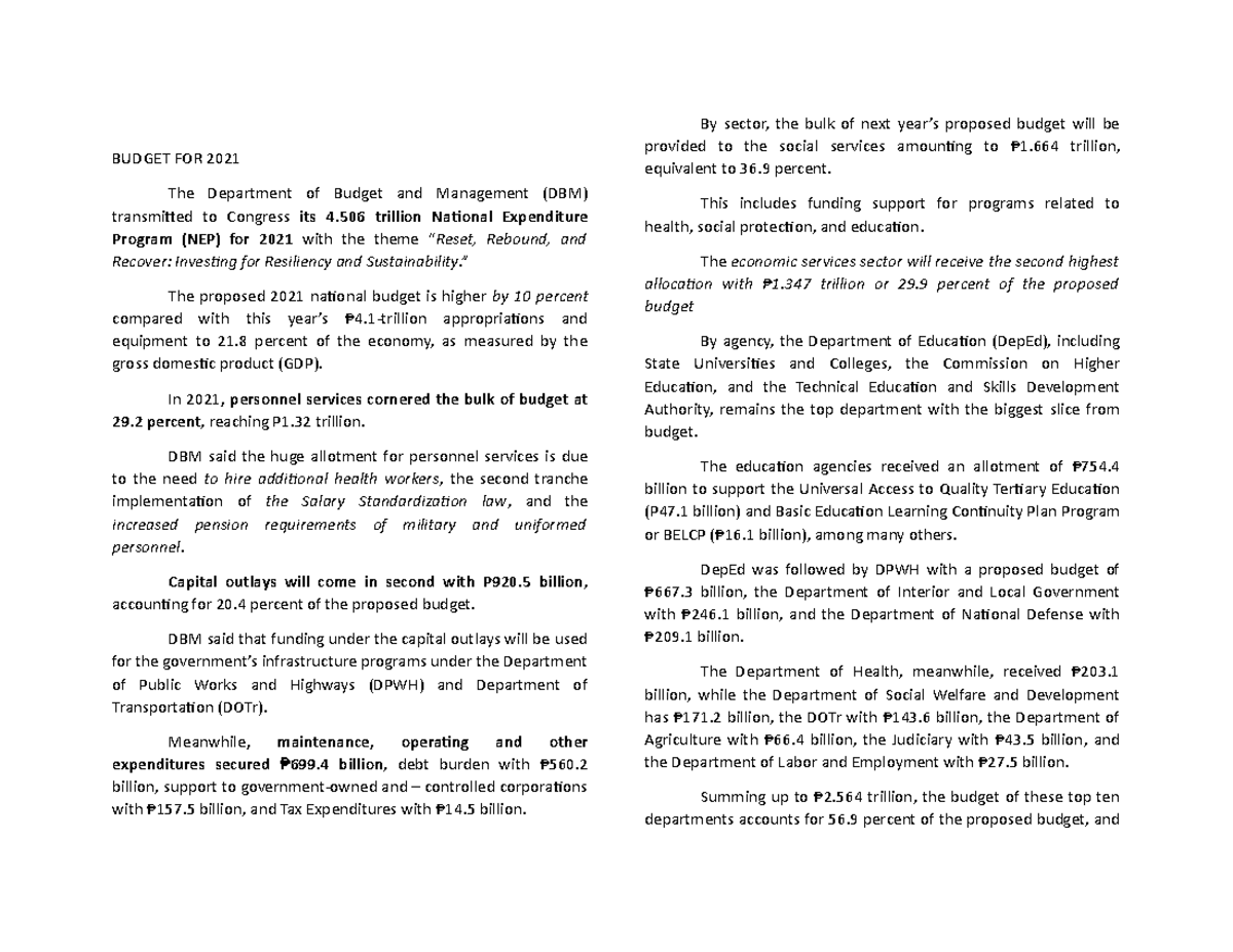 Budget FOR 2021 - BUDGET FOR 2021 The Department of Budget and ...