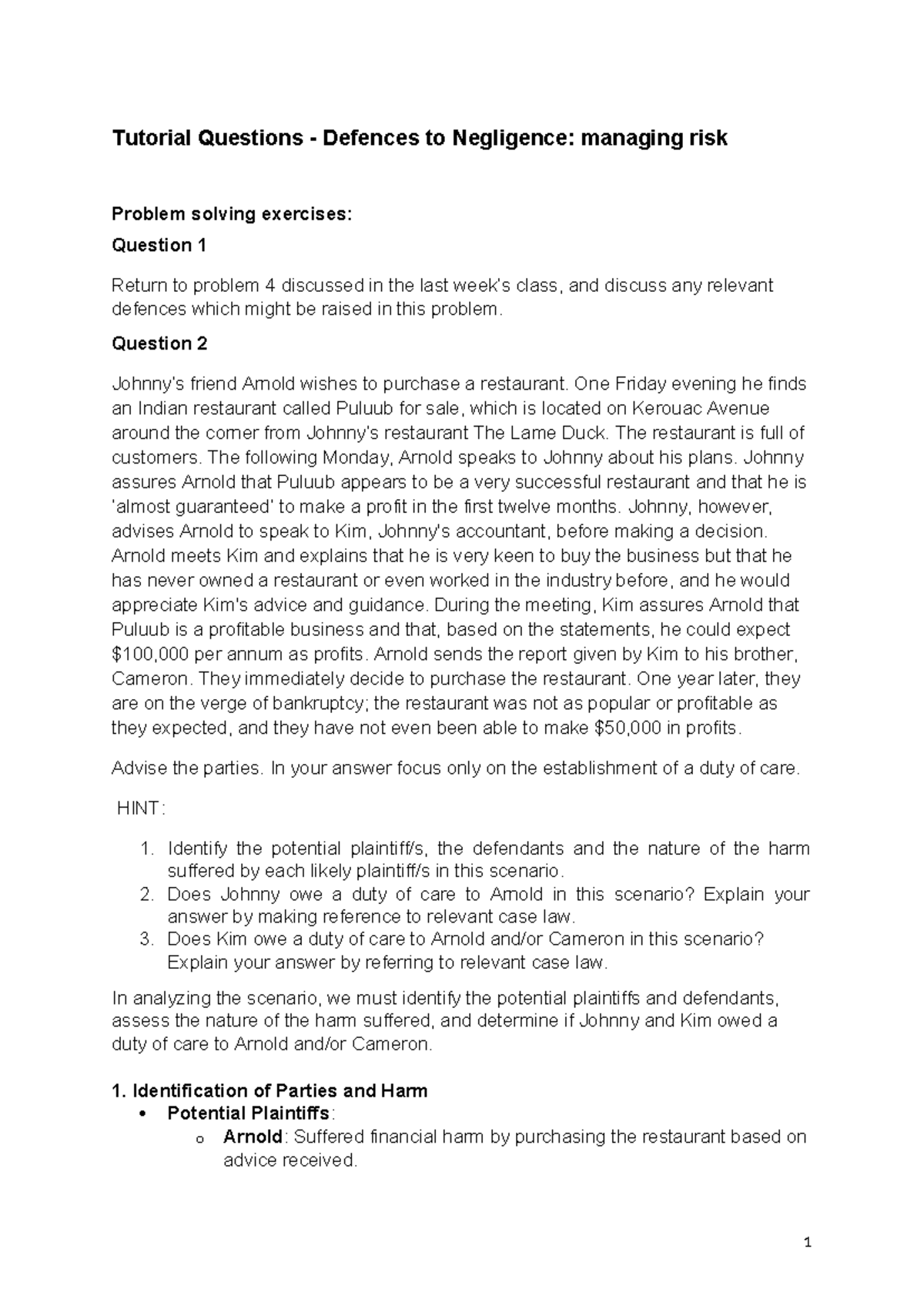 Negligence 2 Defence - Tutorial Answers - Tutorial Questions - Defences to Negligence: managing ...