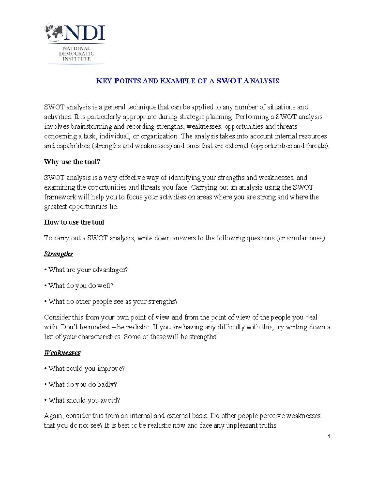 Handout 5 - SWOT Analysis Key Points and Example - KEY POINTS AND ...