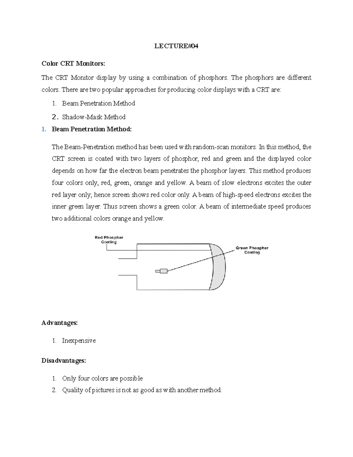 COLORS Coding screen - LECTURE# Color CRT Monitors: The CRT Monitor ...