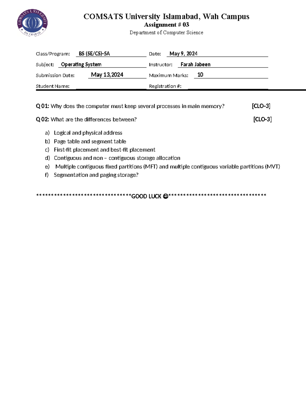 Assignment 03 - fhdfhd - COMSATS University Islamabad, Wah Campus Assignment # 03 Department of ...