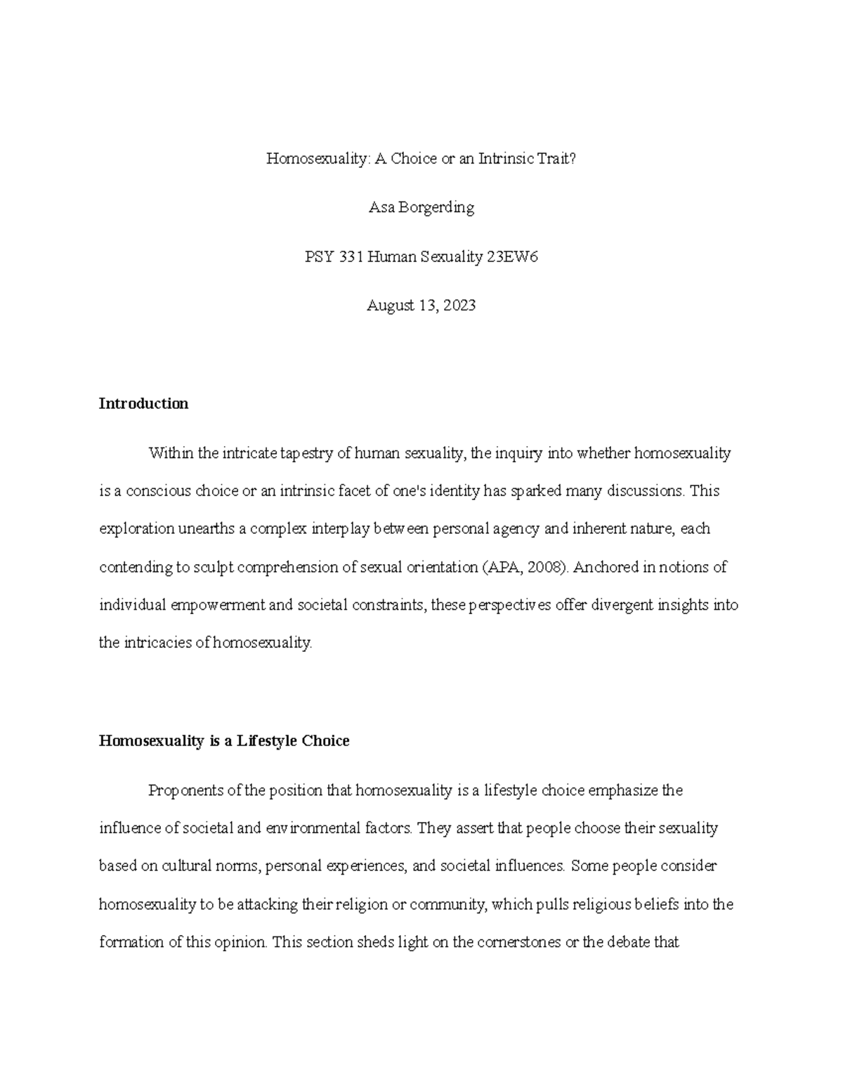 Homosexuality Debate-final - Homosexuality: A Choice or an Intrinsic ...