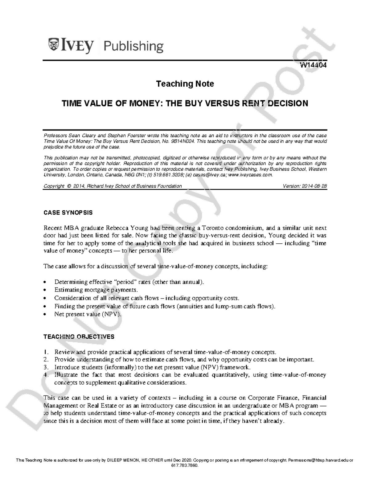 Time vs. value of money project - W Teaching Note TIME VALUE OF MONEY ...