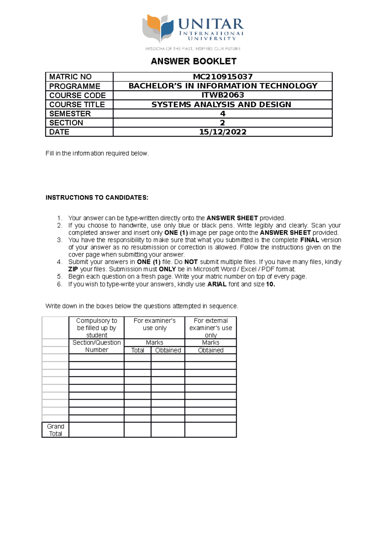 ITWB20634545454 - ANSWER BOOKLET MATRIC NO MC PROGRAMME BACHELOR’S IN ...