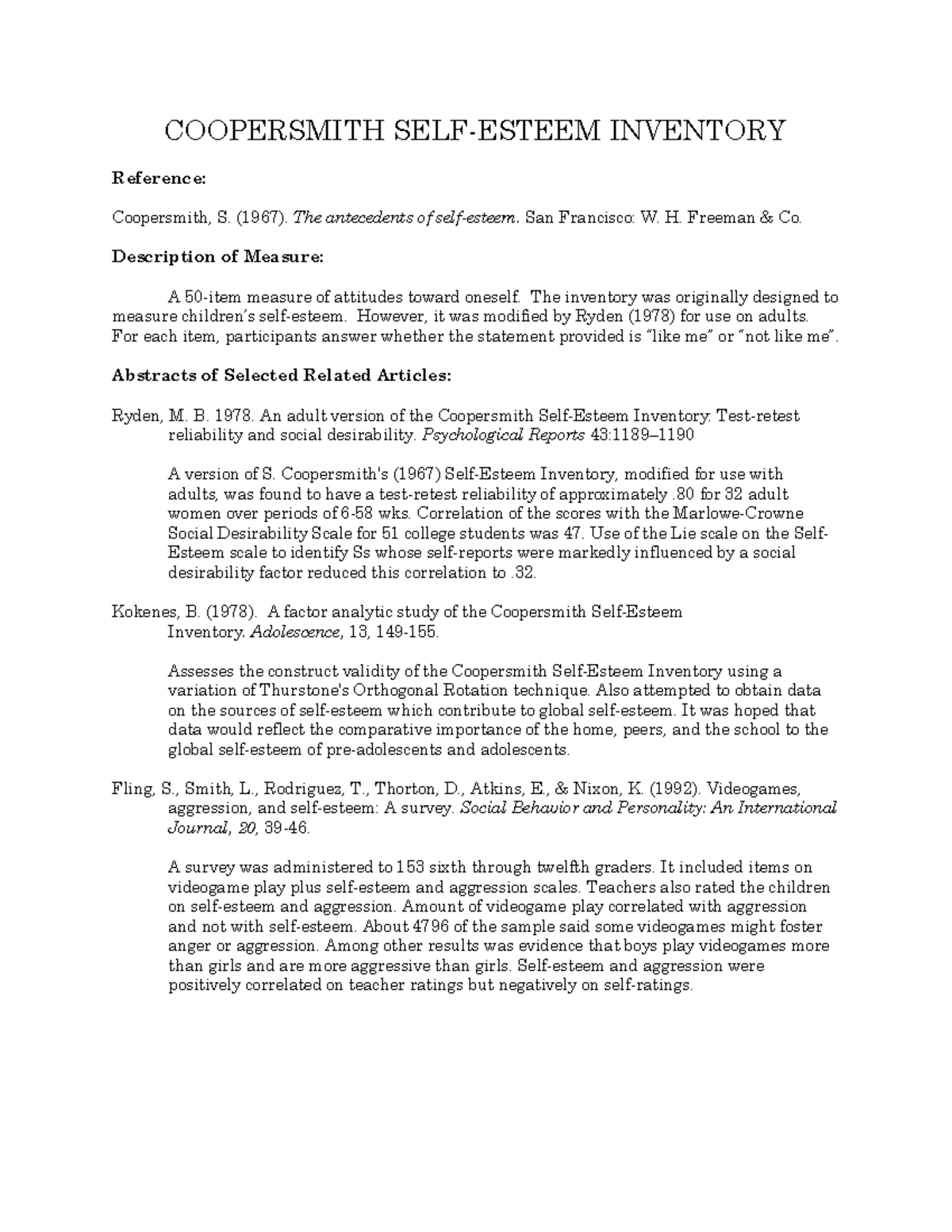 Self Measures for Self-Esteem Coopersmith SELF- Esteem Inventory ...