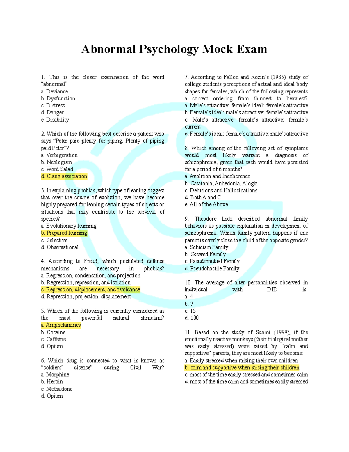 Abnormal Psychology MOCK EXAM - Abnormal Psychology Mock Exam This is ...