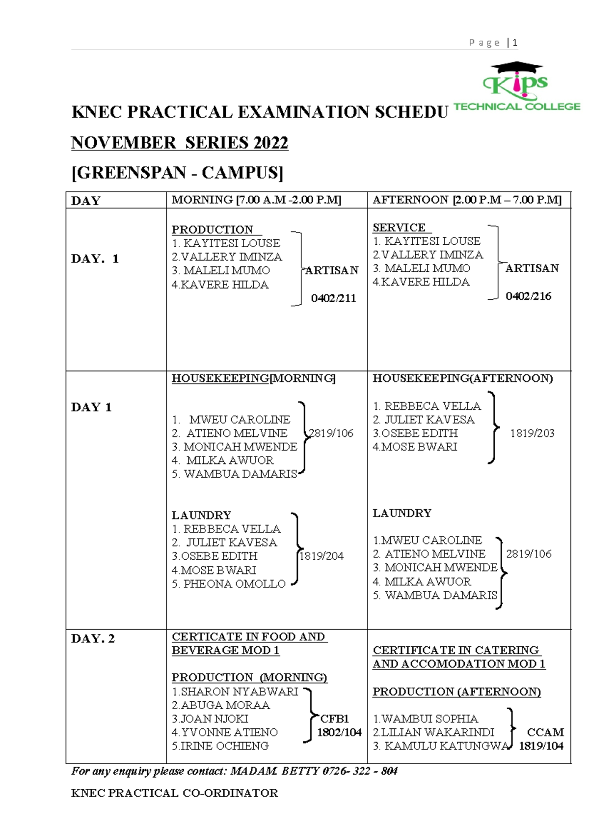 Knec nov 2022 schedule - diploma course - P a g e | 1 For any enquiry ...