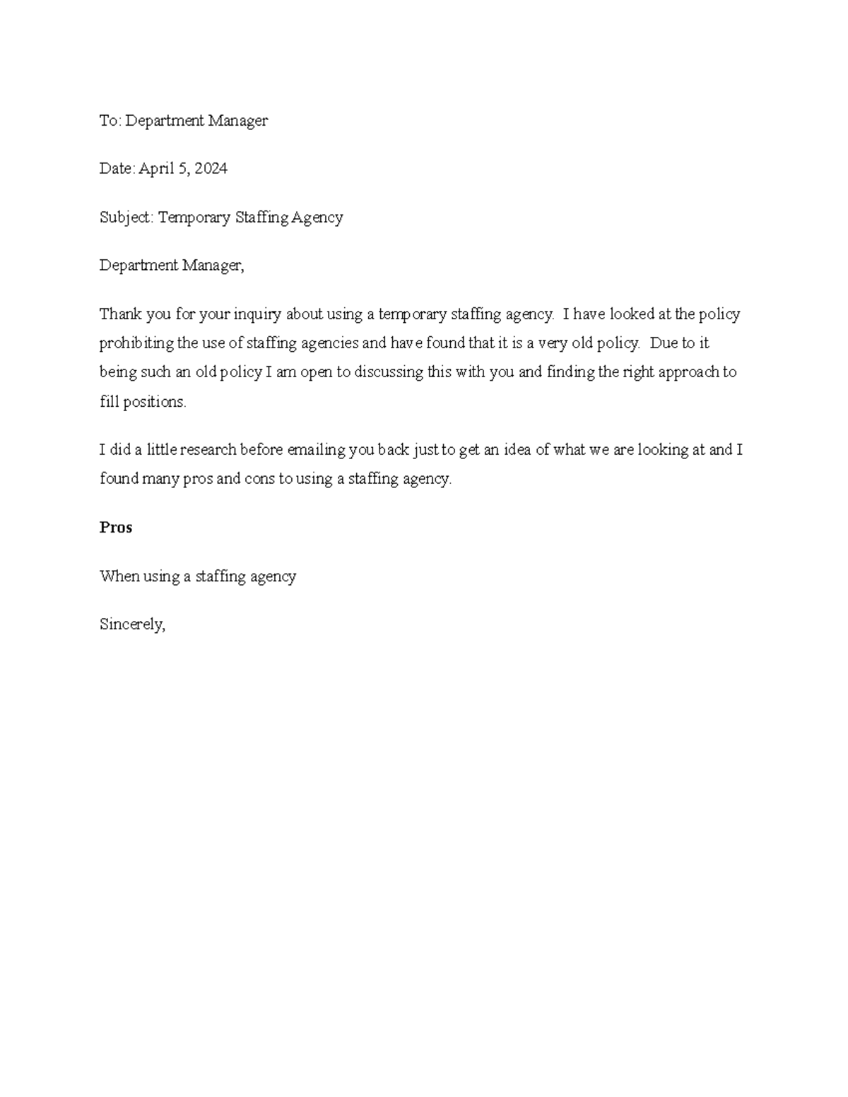 HR Inbox week 3 - To: Department Manager Date: April 5, 2024 Subject ...