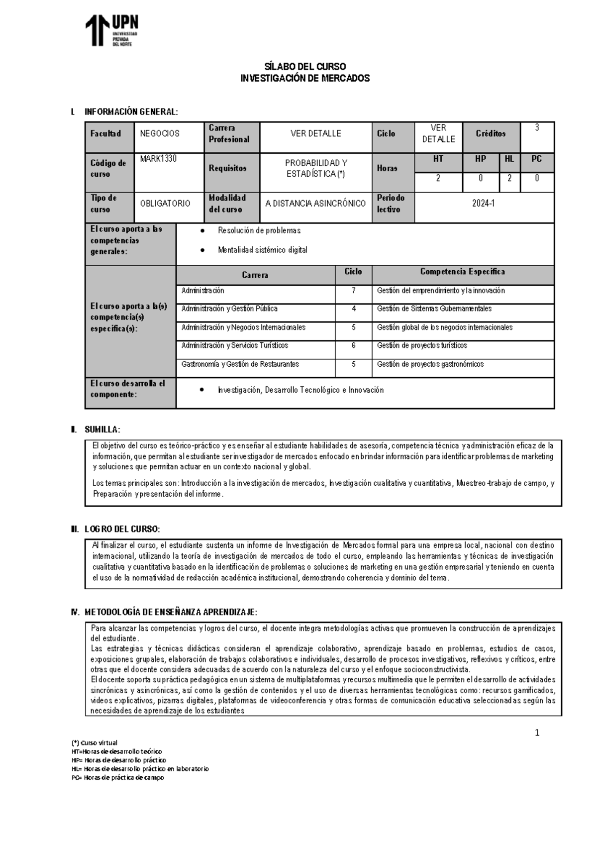 Silabo - 1 (*) Curso virtual HT=Horas de desarrollo teórico HP= Horas de desarrollo práctico HL ...