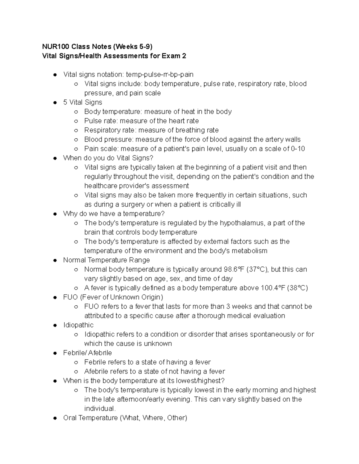 NUR100 Vital Signs Notes - NUR100 Class Notes (Weeks 5-9) Vital Signs ...