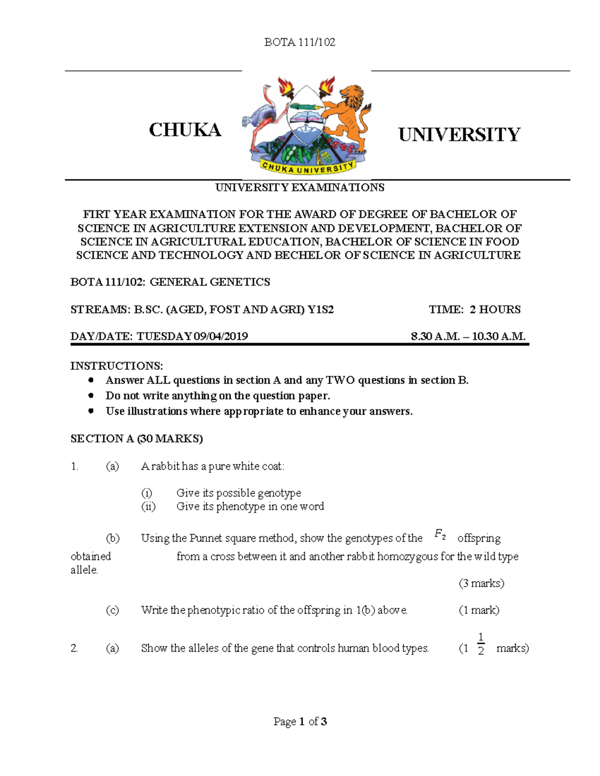 BOTA 111 102 - No info - BOTA 111/ CHUKA UNIVERSITY UNIVERSITY EXAMINATIONS FIRT YEAR ...