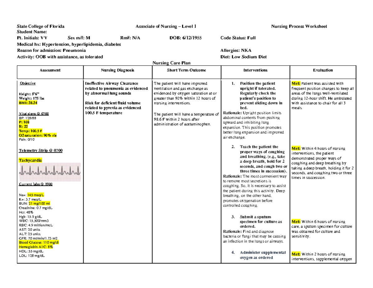 Care Plan #2 - Pneumonia - State College of Florida Associate of ...