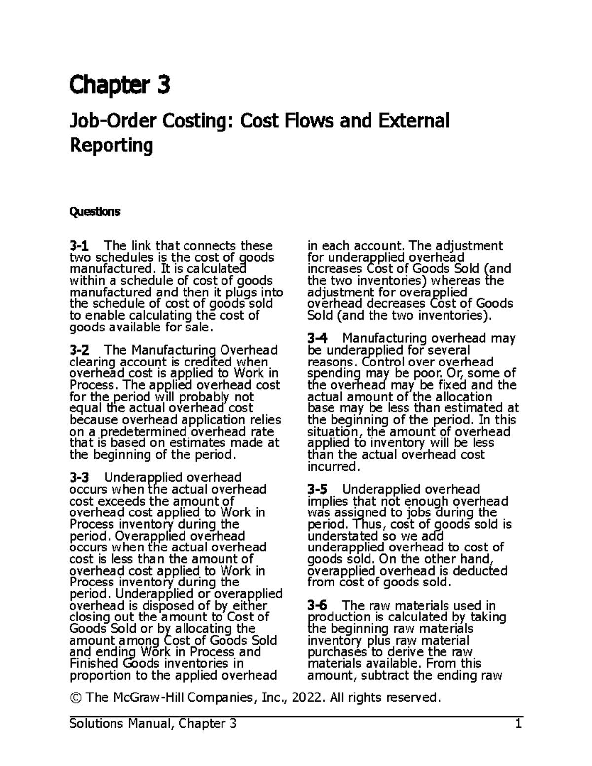 Job Order Costing Solutions Manual Chap 3 - Chapter 3 Job-Order Costing ...