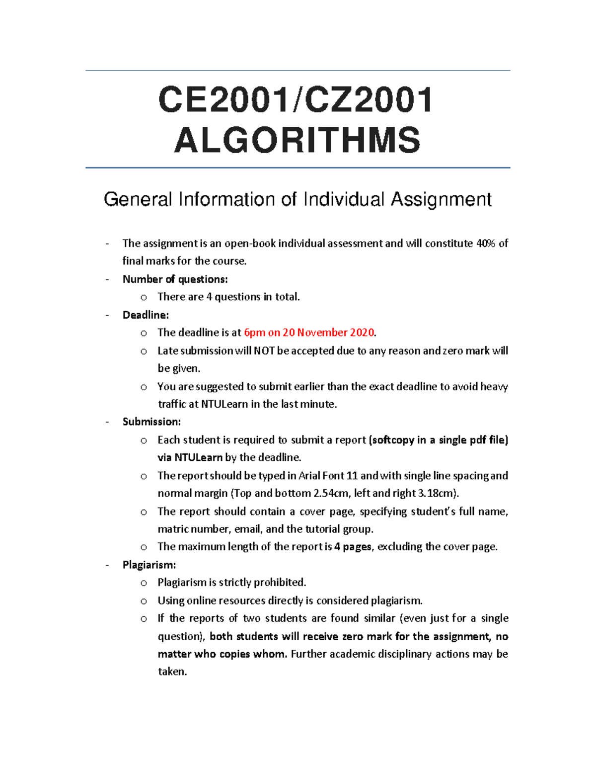 Assignment - CX2001 AY20S1 - CE2001/CZ ALGORITHMS General Information of Individual Assignment ...
