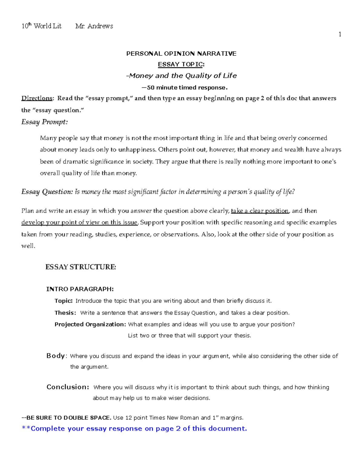 Money and the Quality of life - 10 th World Lit Mr. Andrews 1 PERSONAL ...