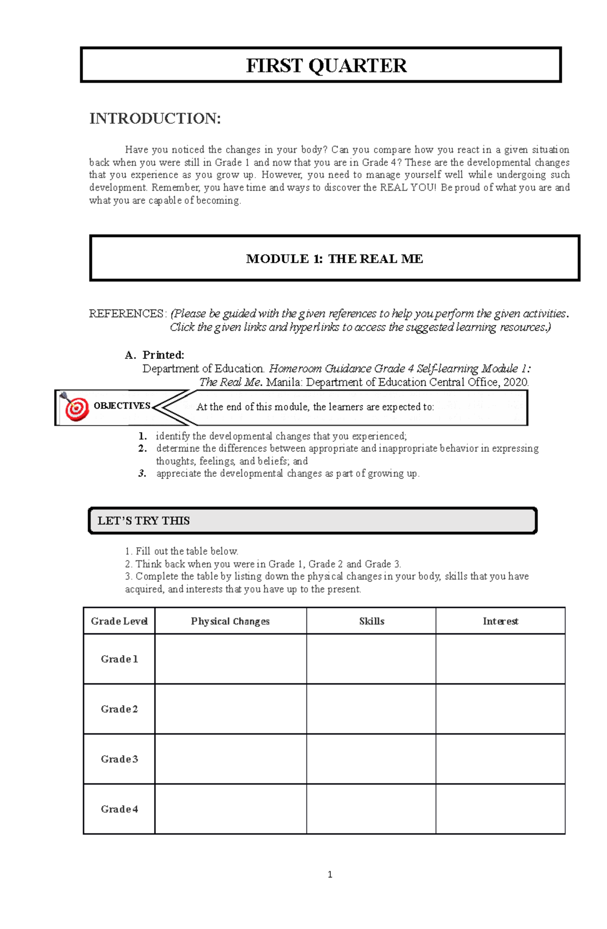 First Quarter - Homeroom Guidance Module for Grade 4 - INTRODUCTION ...