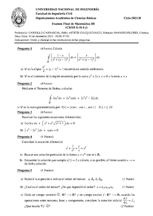 EJERCICIOS DE MATE III - UNIVERSIDAD NACIONAL DE INGENIERÍA Facultad de Ingeniería Civil - Studocu