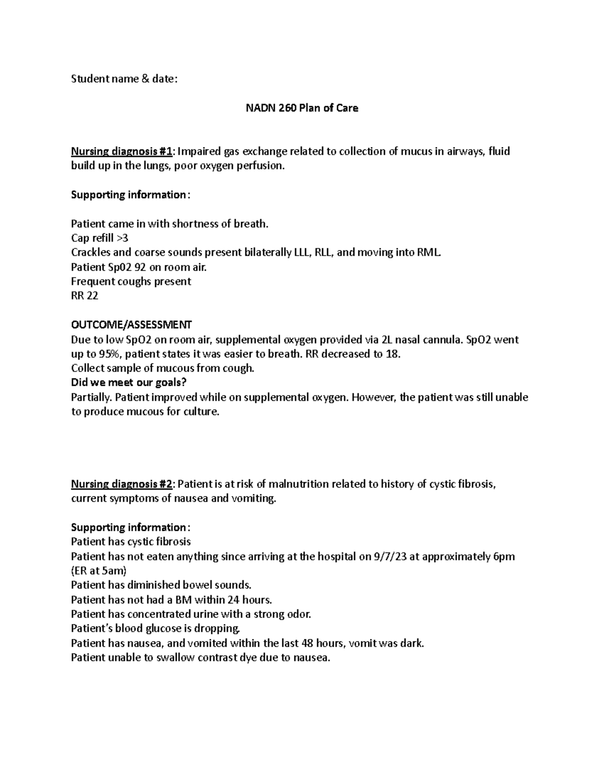 260 week 2 POC - care plan for respiratory concerns - Student name ...